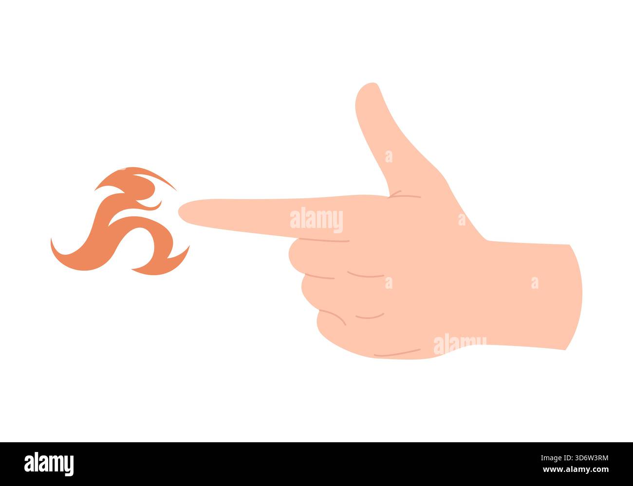 Human hand making a finger gun gesture with stylized fire on white ...