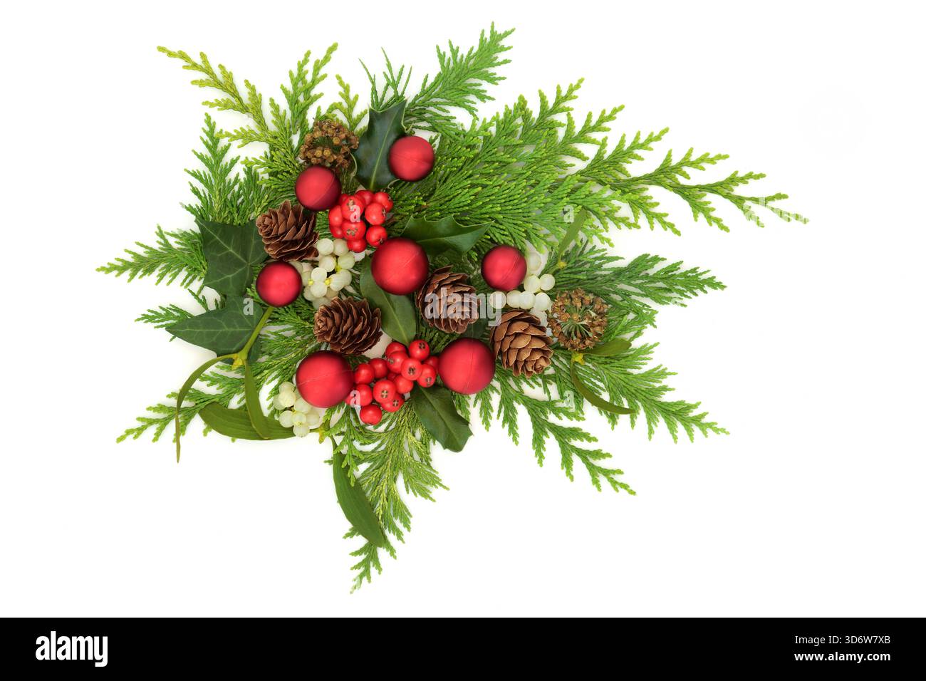 Christmas red ball sphere baubles, holly, mistletoe, fir, ivy flora ...