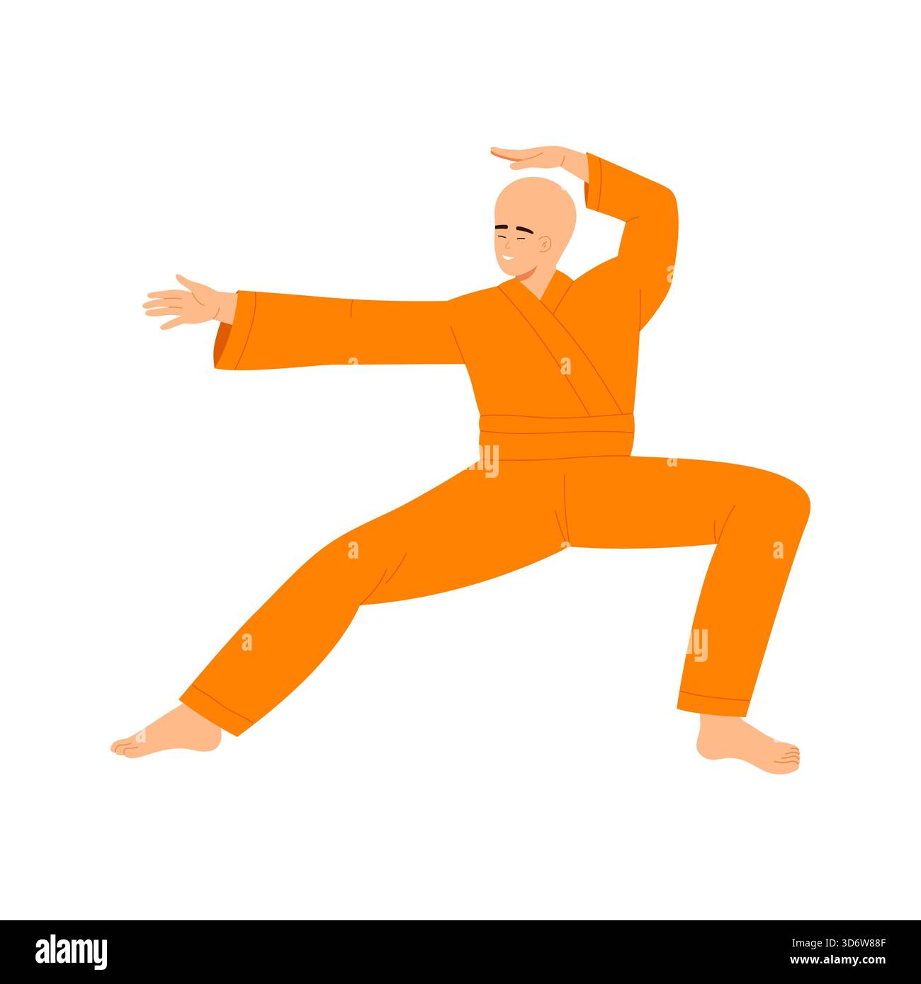 Bald Shaolin monk in orange robe performing traditional martial arts ...