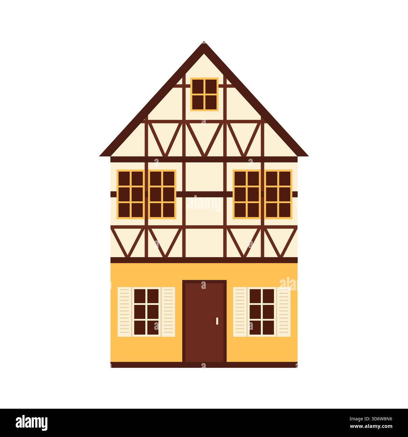 Classic Danish half-timbered house with yellow facade isolated on white ...