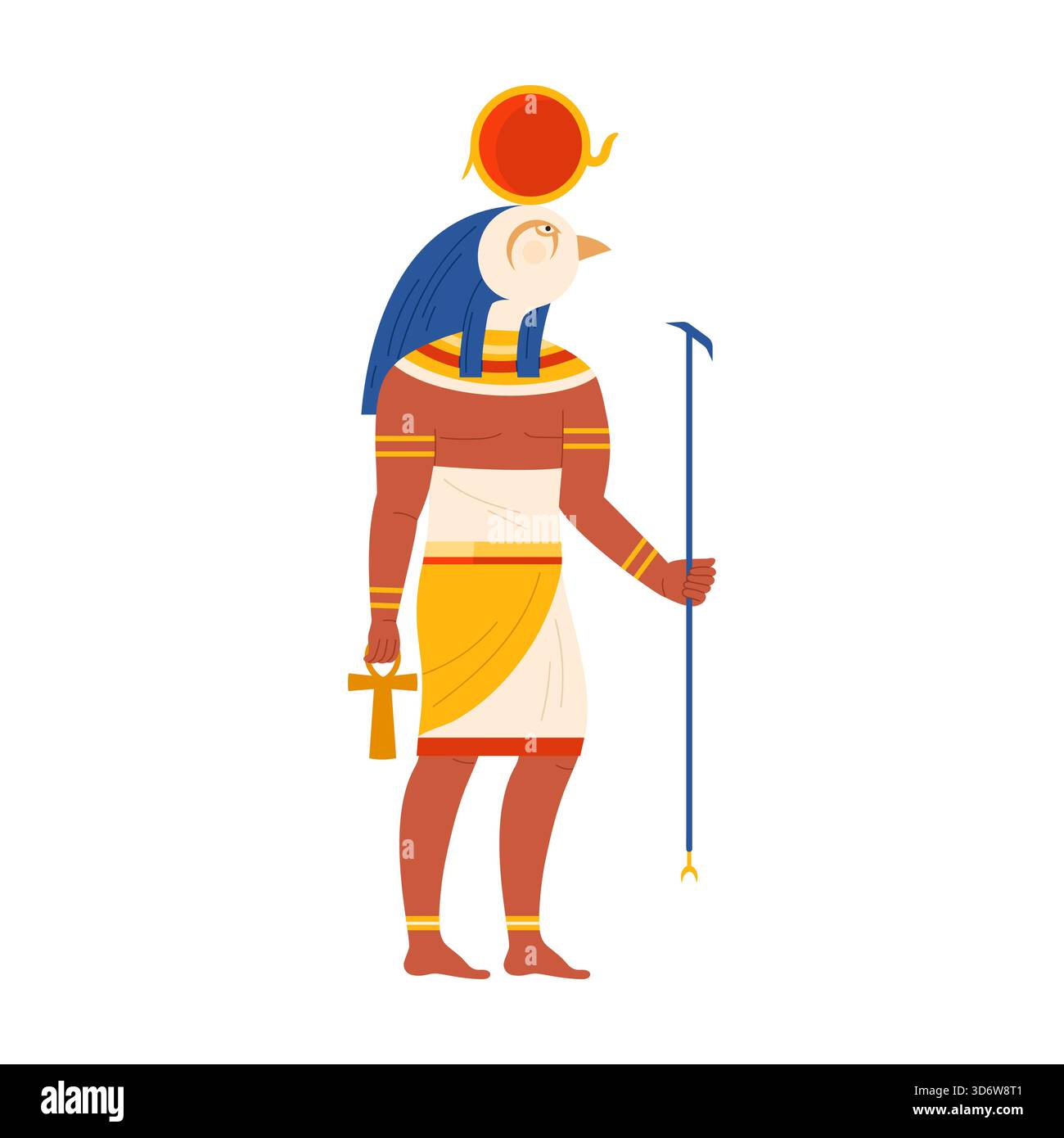 Colorful isolated depiction of Egyptian sun god Ra with ankh and staff ...