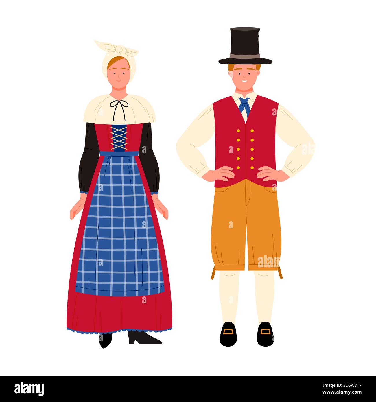 Man and woman in traditional Denmark folk costumes standing isolated on ...