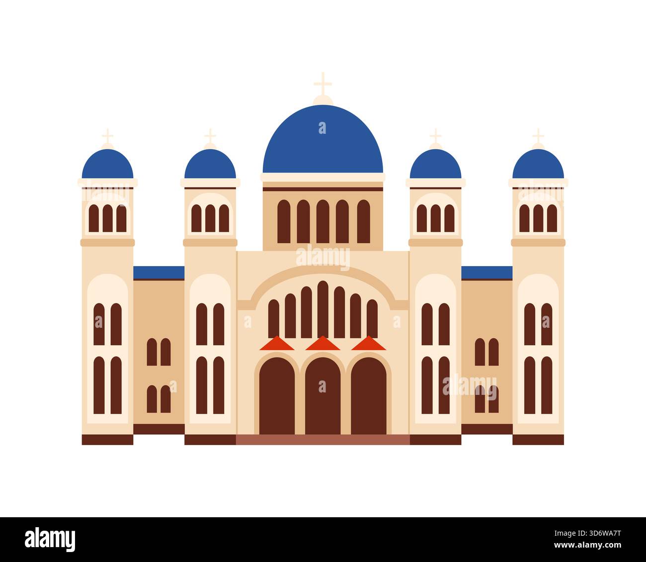Flat design of a traditional Greek Orthodox church with blue domes on a ...