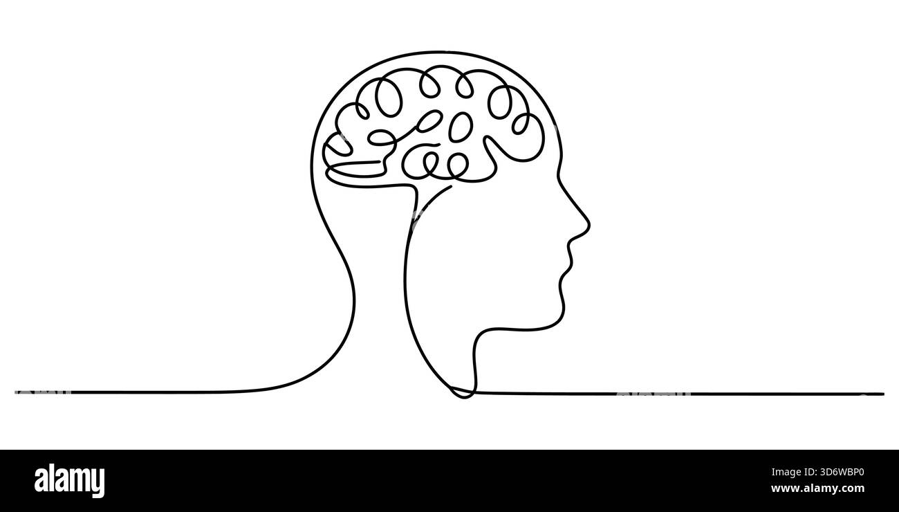 Minimalist one line art of human head with brain, illustrating thought process Stock Vector ...