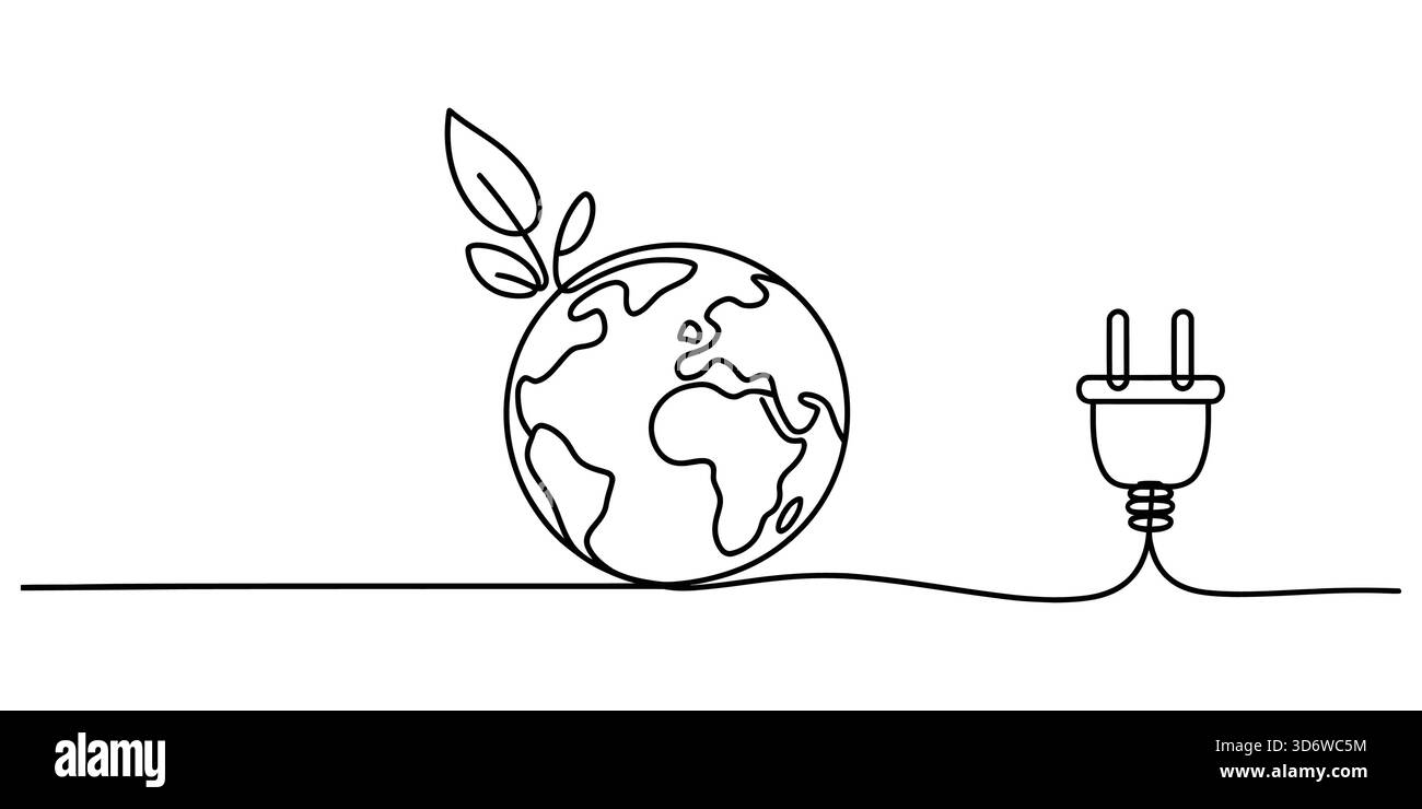 Eco friendly energy concept with earth and plug continuous line drawing ...
