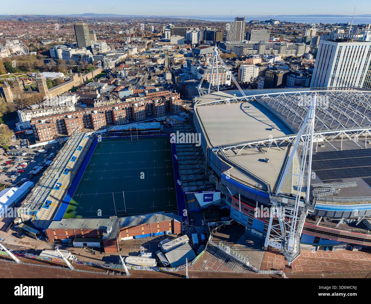 Sunny Cardiff cityscape showing Principality Stadium and shaded Cardiff ...
