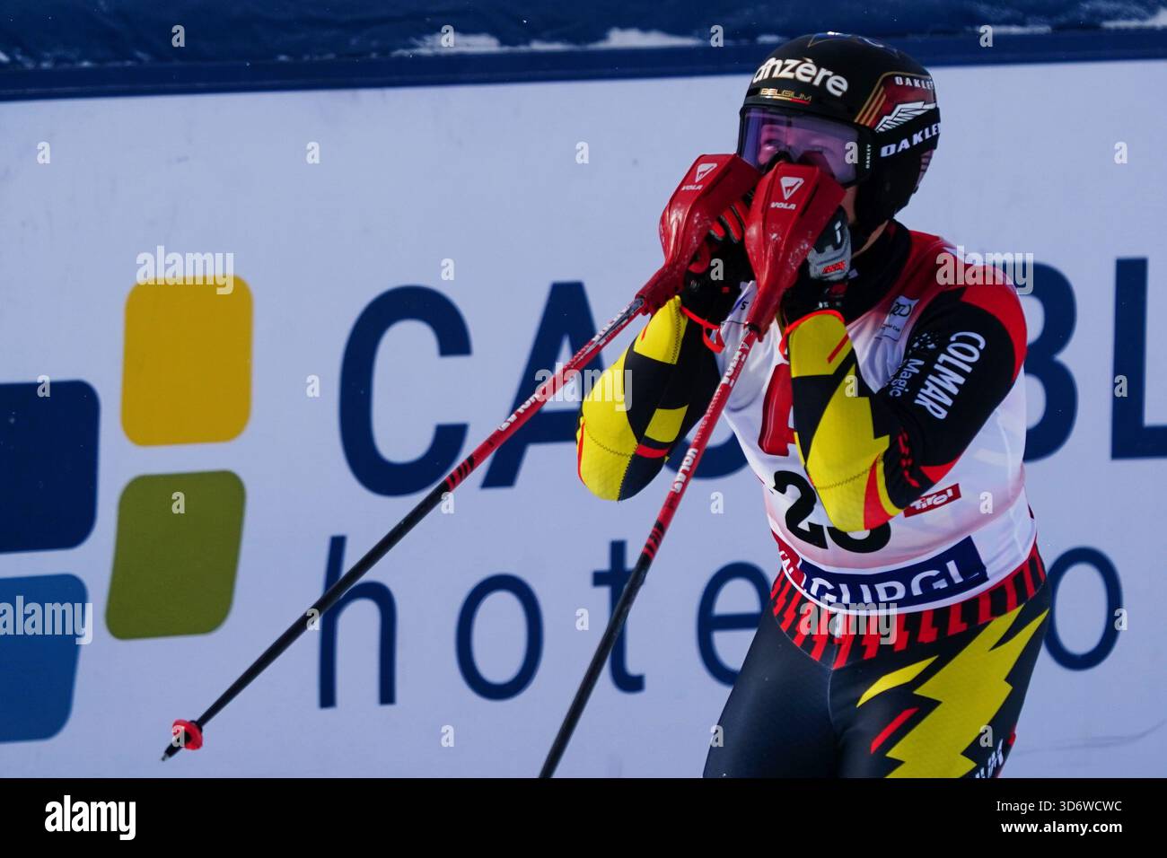 Belgium's Armand Marchant celebrates at the finish area of an alpine ...