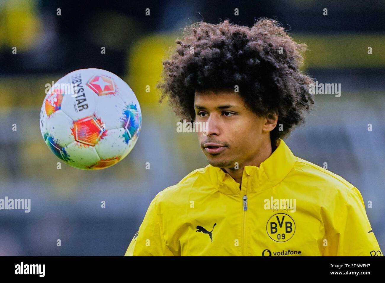 Dortmund's Karim Adeyemi warms up during the German Bundesliga soccer ...