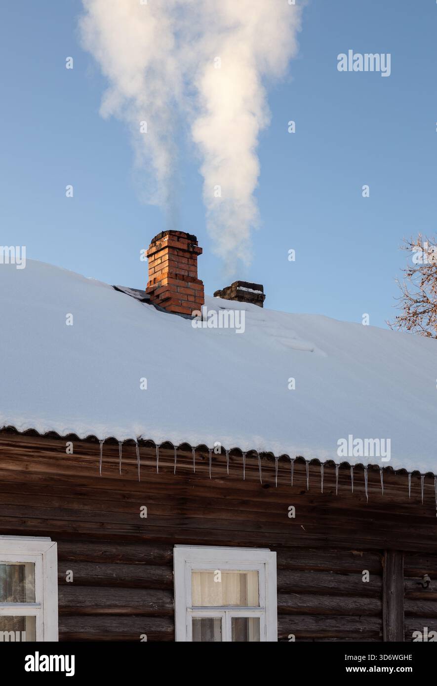 Wood-burning stove is blazing in a rustic log house. A column of white ...