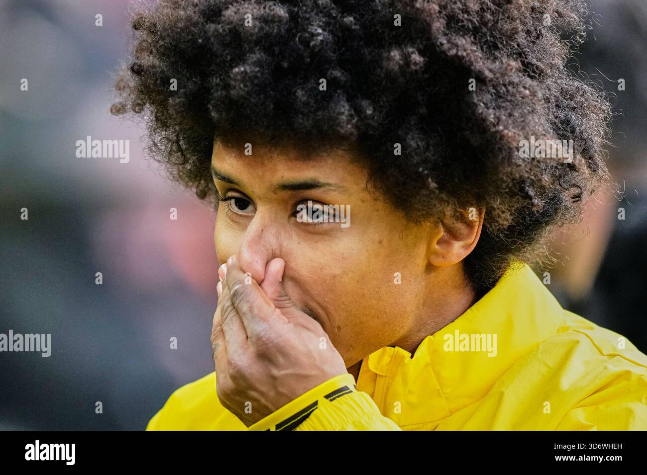 Dortmund's Karim Adeyemi warms up during the German Bundesliga soccer ...