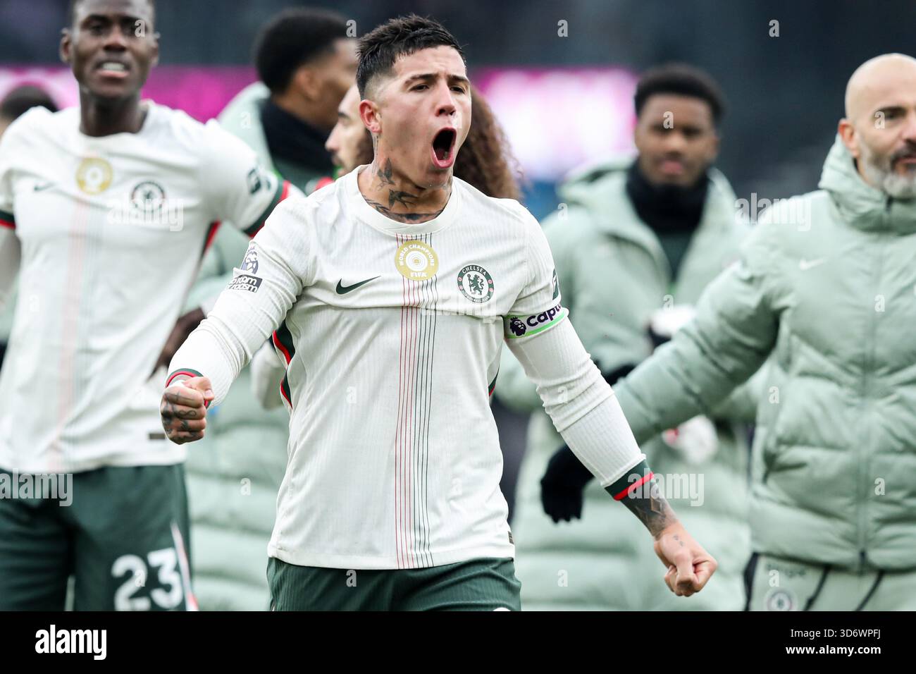 Enzo Fernandez of Chelsea celebrate 0-2 win after the Premier League match Burnley vs Chelsea at ...