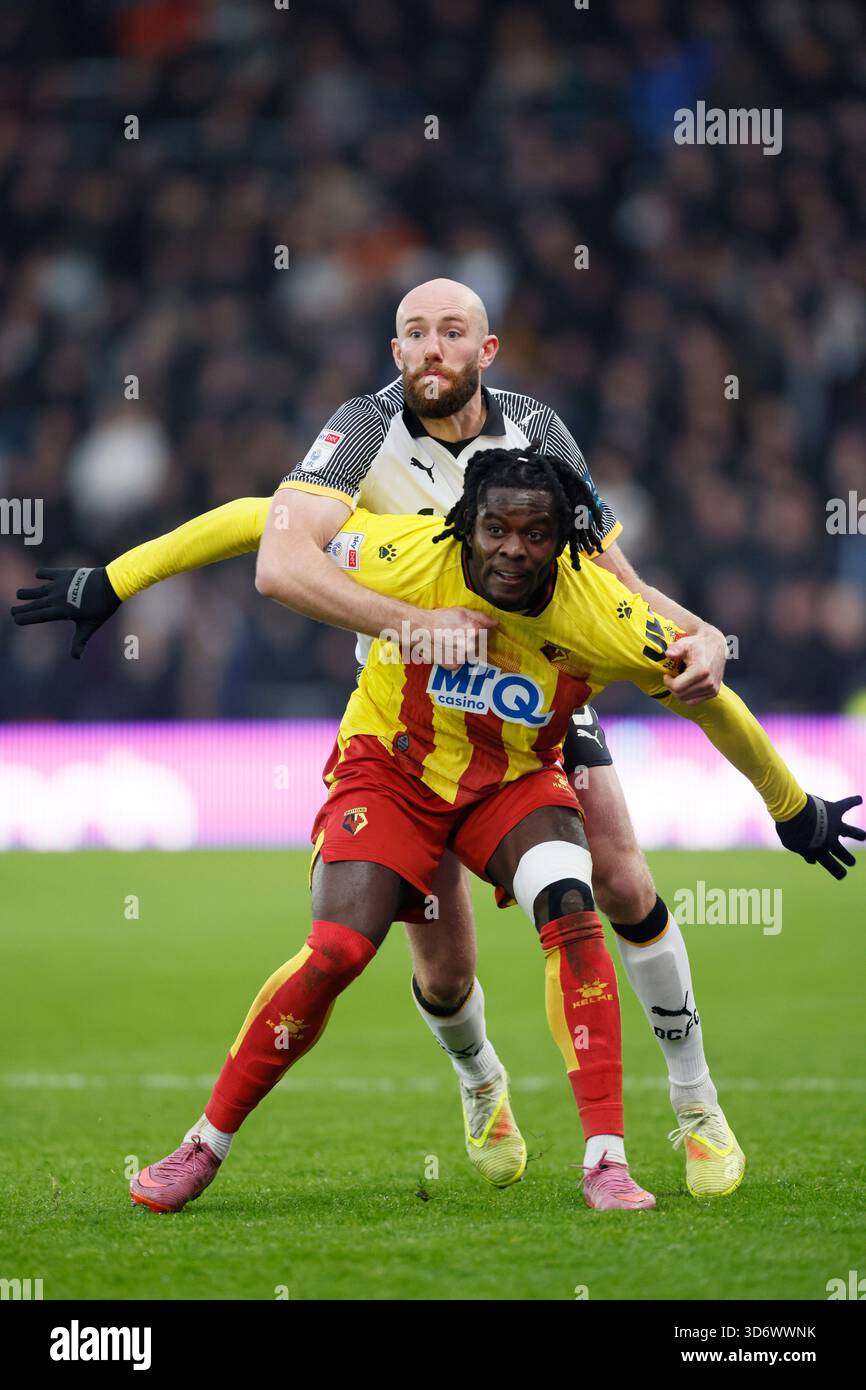 Watford’s Kwadwo Baah (front) and Derby County's Matthew Clarke battle ...