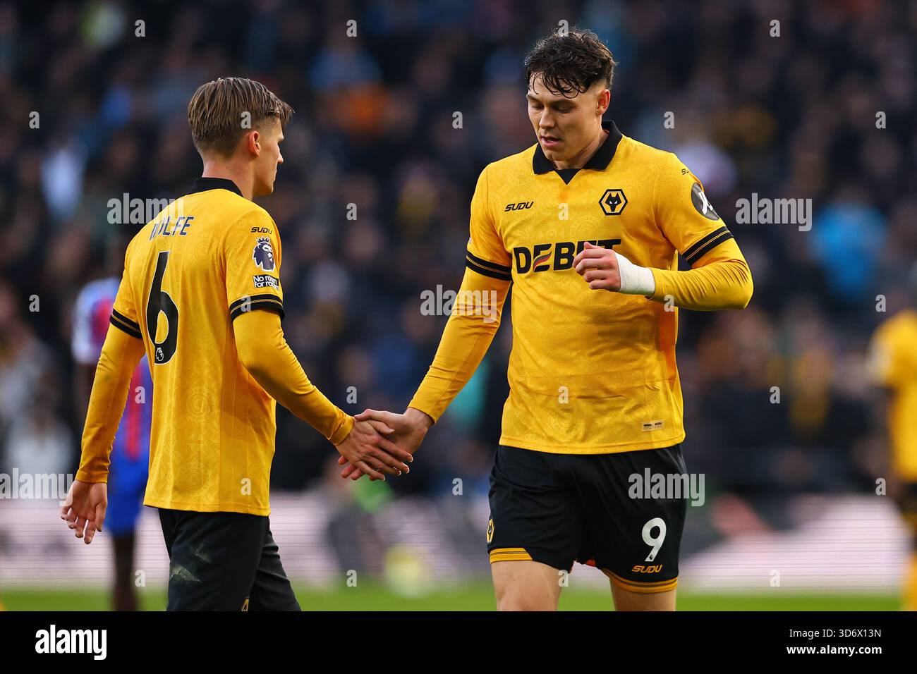 David Moller Wolfe with Jorgen Strand Larsen of Wolverhampton Wanderers ...