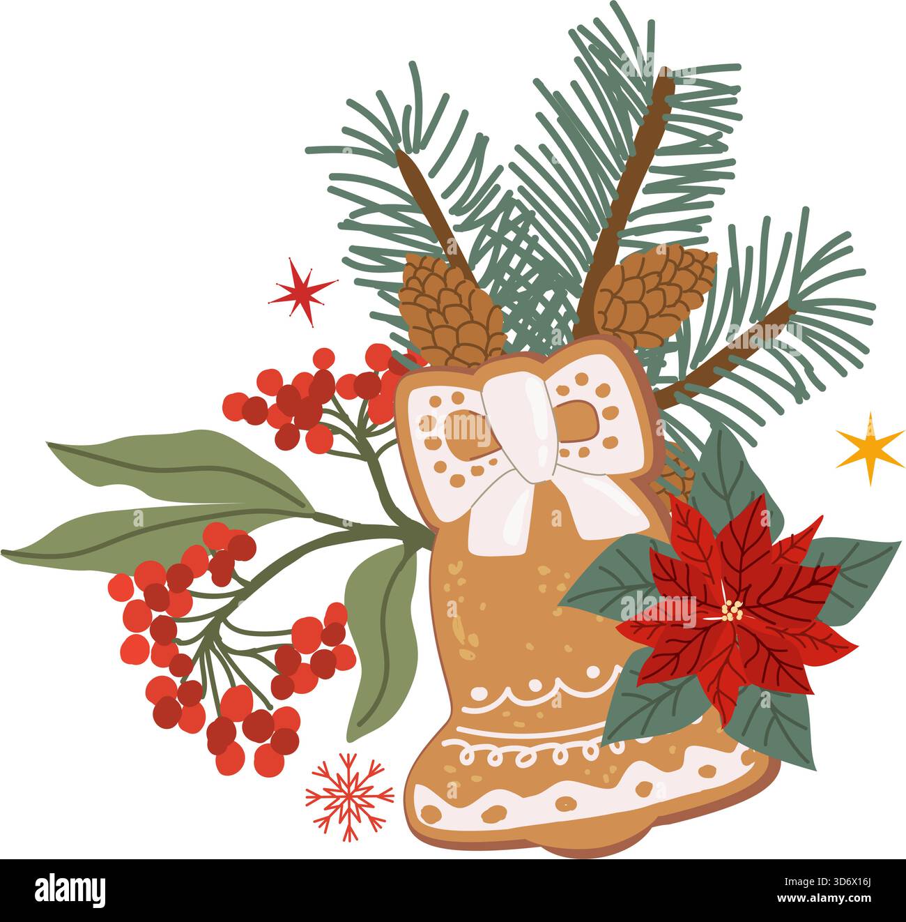 Vector christmas gingerbread bell cookie and winter plants cotoneaster ...