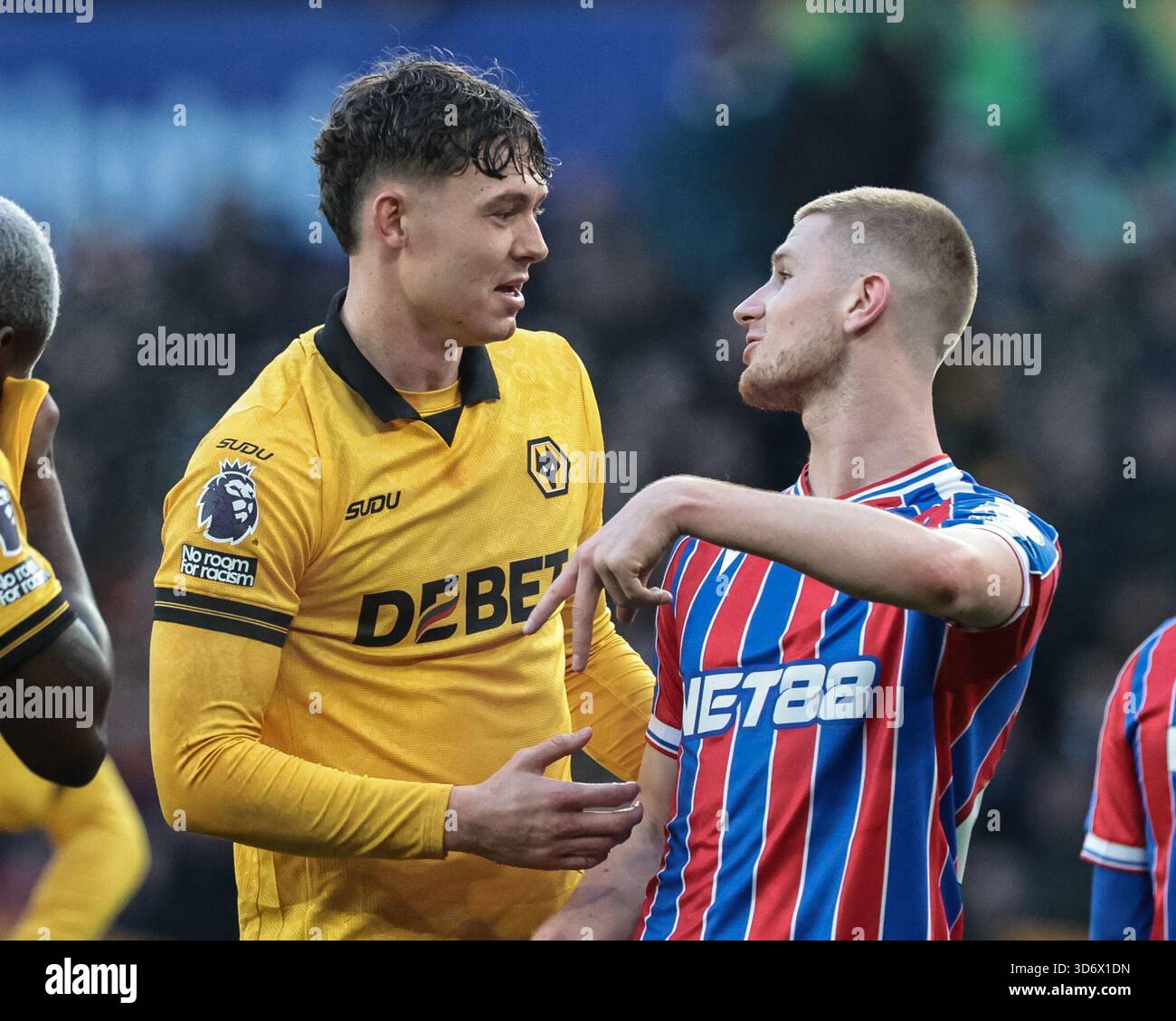 Jorgen Strand Larsen of Wolverhampton Wanderers speaks to Adam Wharton ...