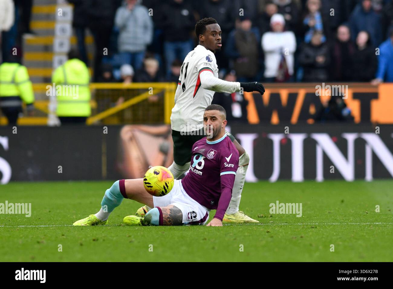 Kyle Walker of Burnley wins the ball during the Burnley v Chelsea ...