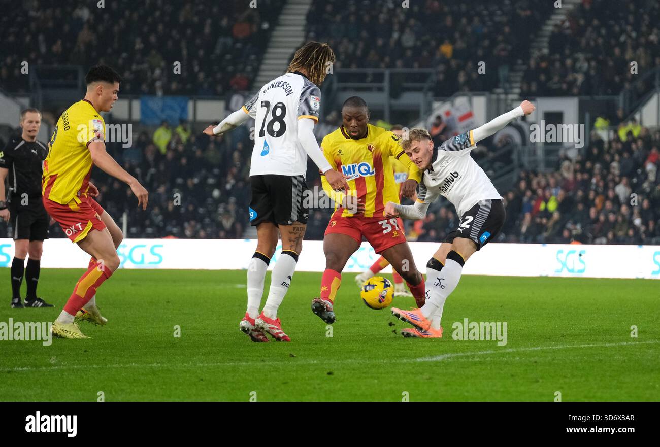 Bobby Clark of Derby County clears the ball during the EFL Championship ...