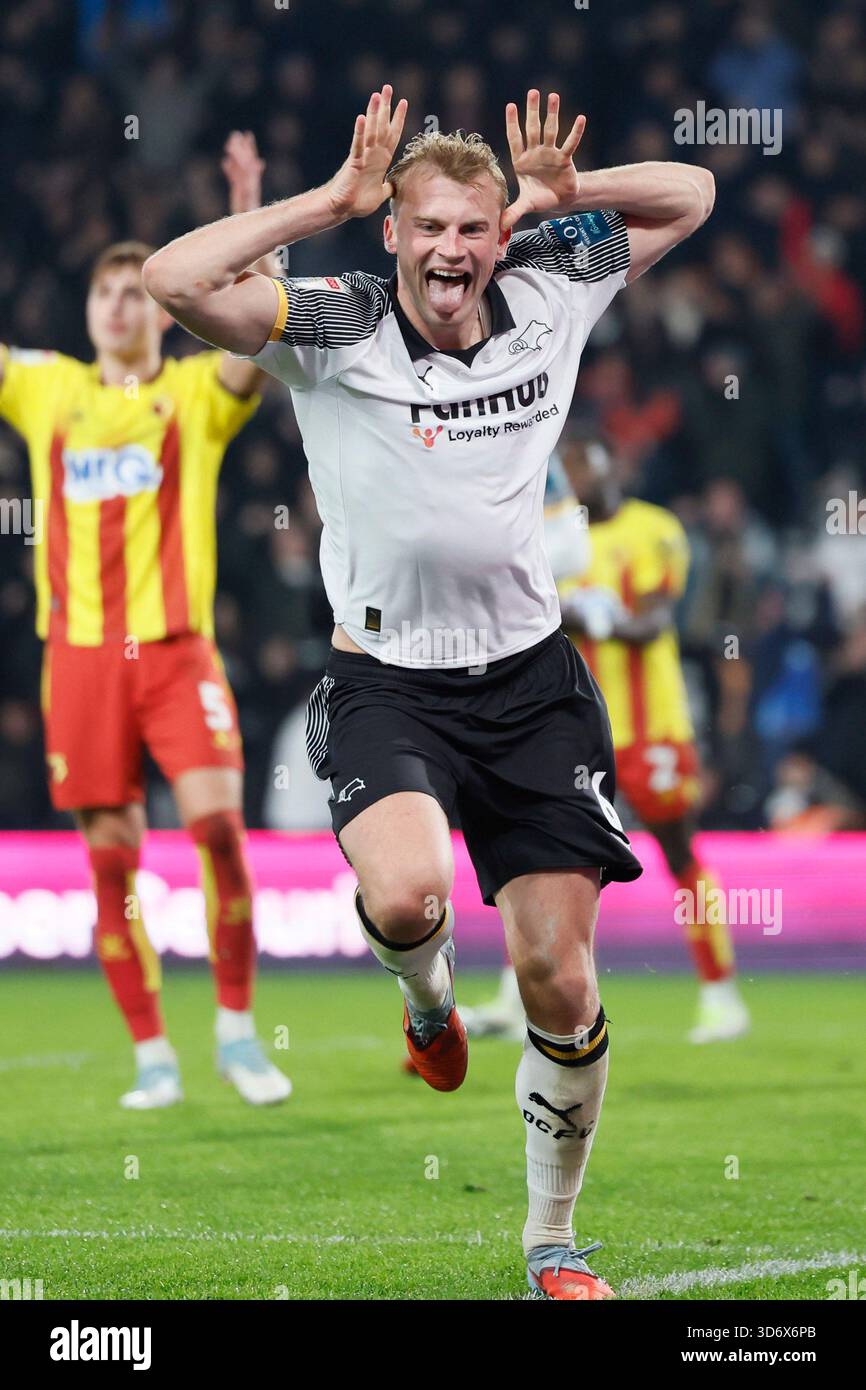 Derby County's Sondre Langas celebrates scoring their side's second ...