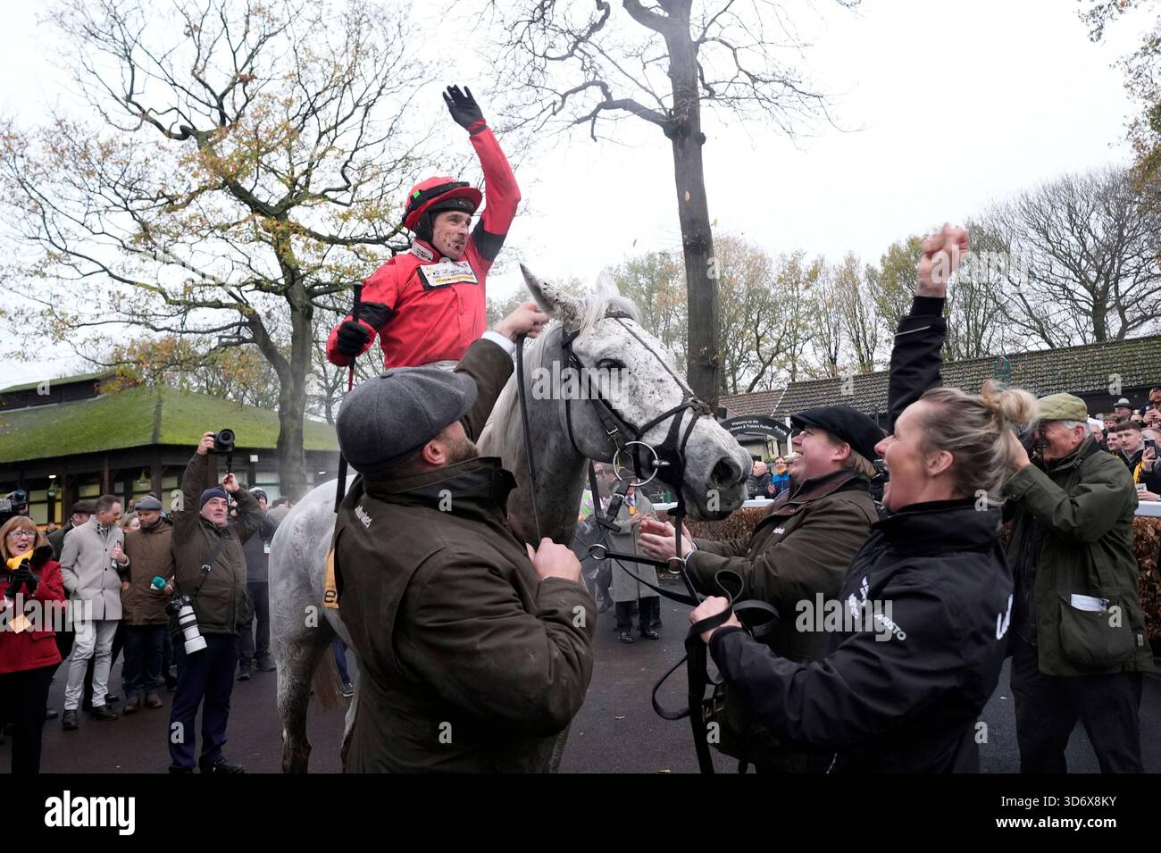 Jockey Harry Skelton celebrates on Grey Dawning after a winning ride in ...