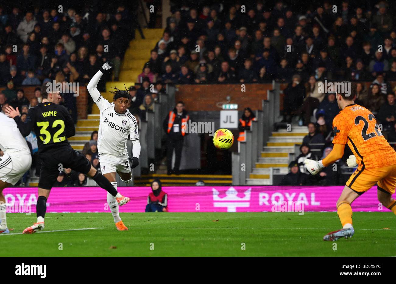 London, England, 22nd November 2025. Kevin of Fulham heads the ball ...