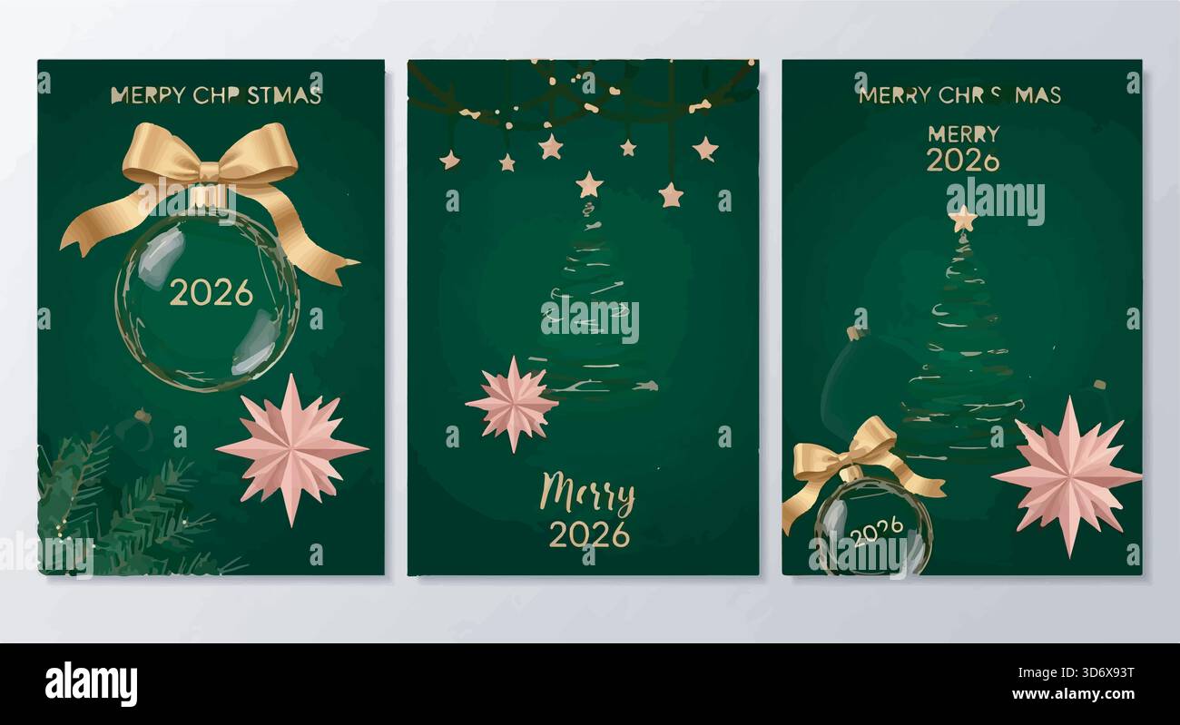 Elegant Merry Christmas 2026 card set. Festive green background with ...