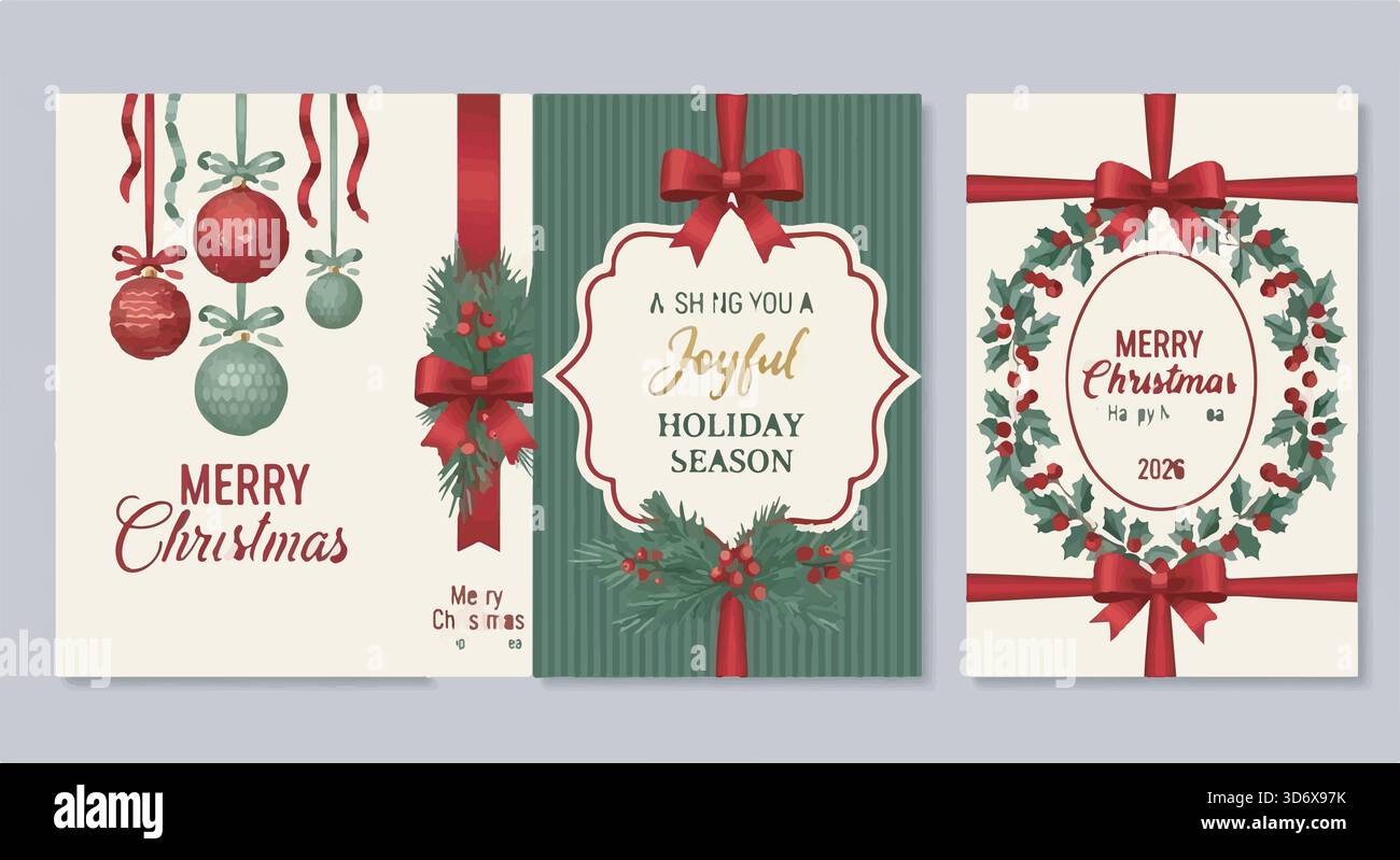 Three Christmas card designs with ornaments, wreaths, and festive ...