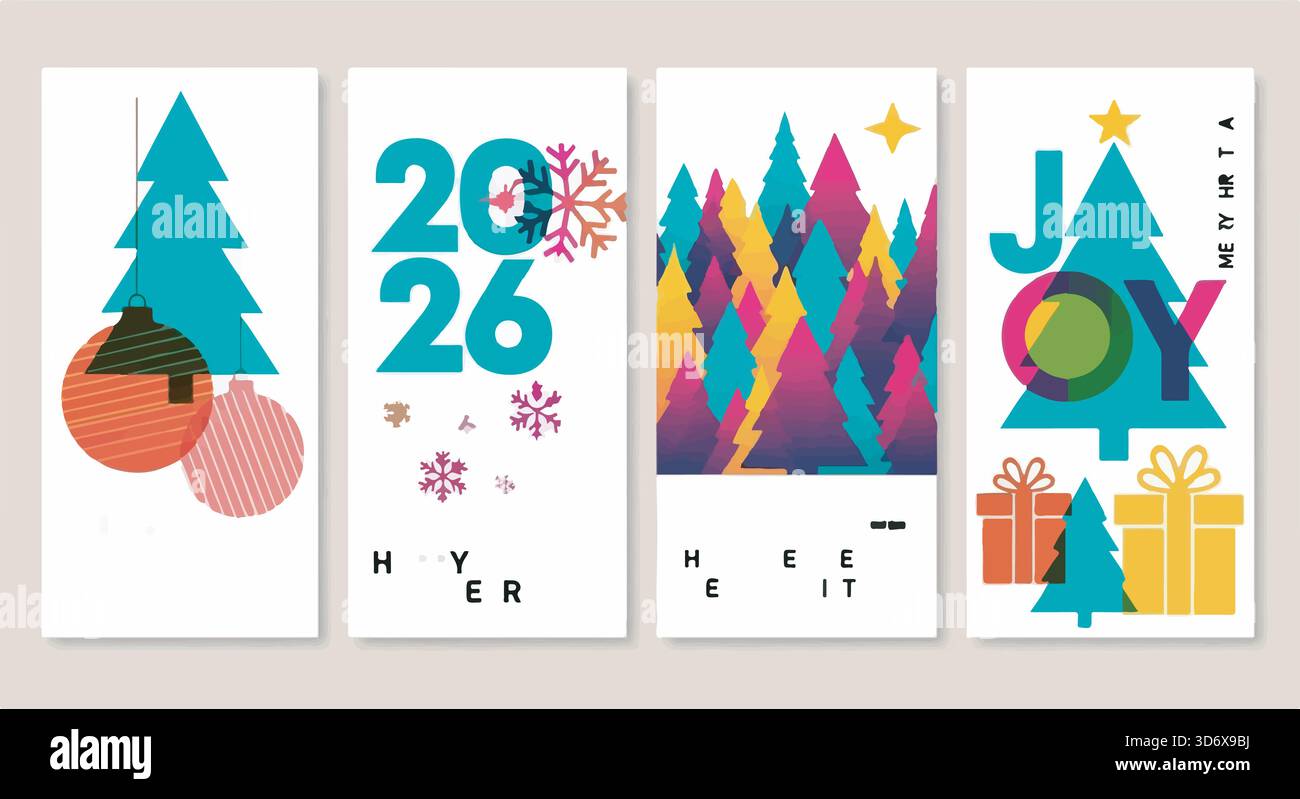 Set of 4 New Year 2026 greeting cards with Christmas trees, snowflakes ...