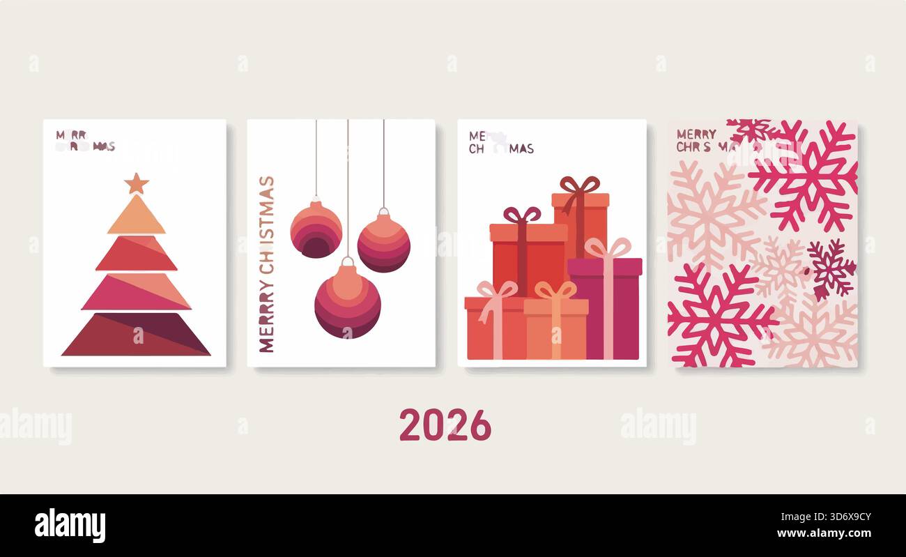 Modern Christmas 2026 cards set. Geometric tree, ornaments, gifts ...