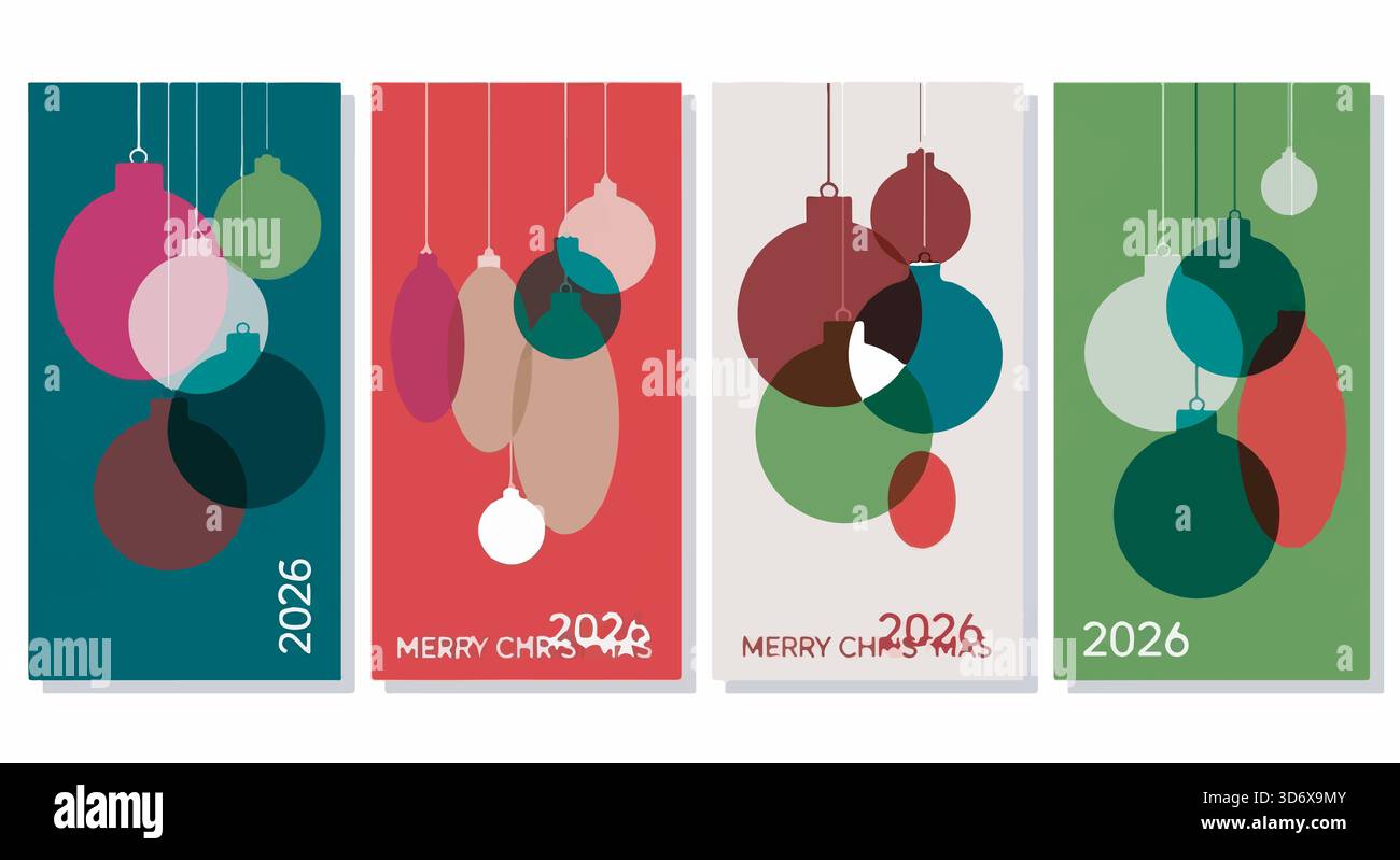 Christmas 2026 card set. Minimalist ornament design in teal, red, grey ...