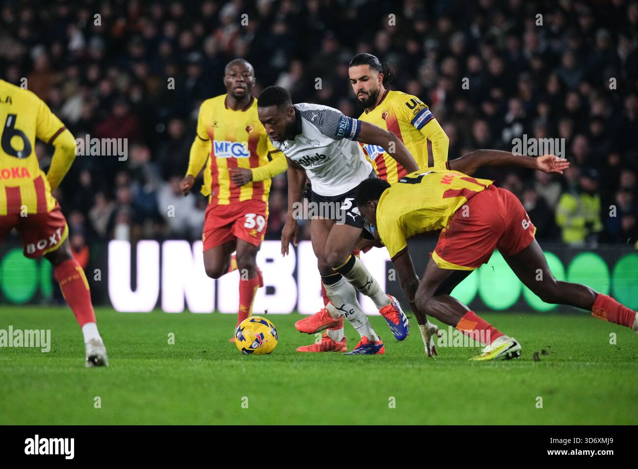 Ebou Adams of Derby County runs with the ball during the EFL ...