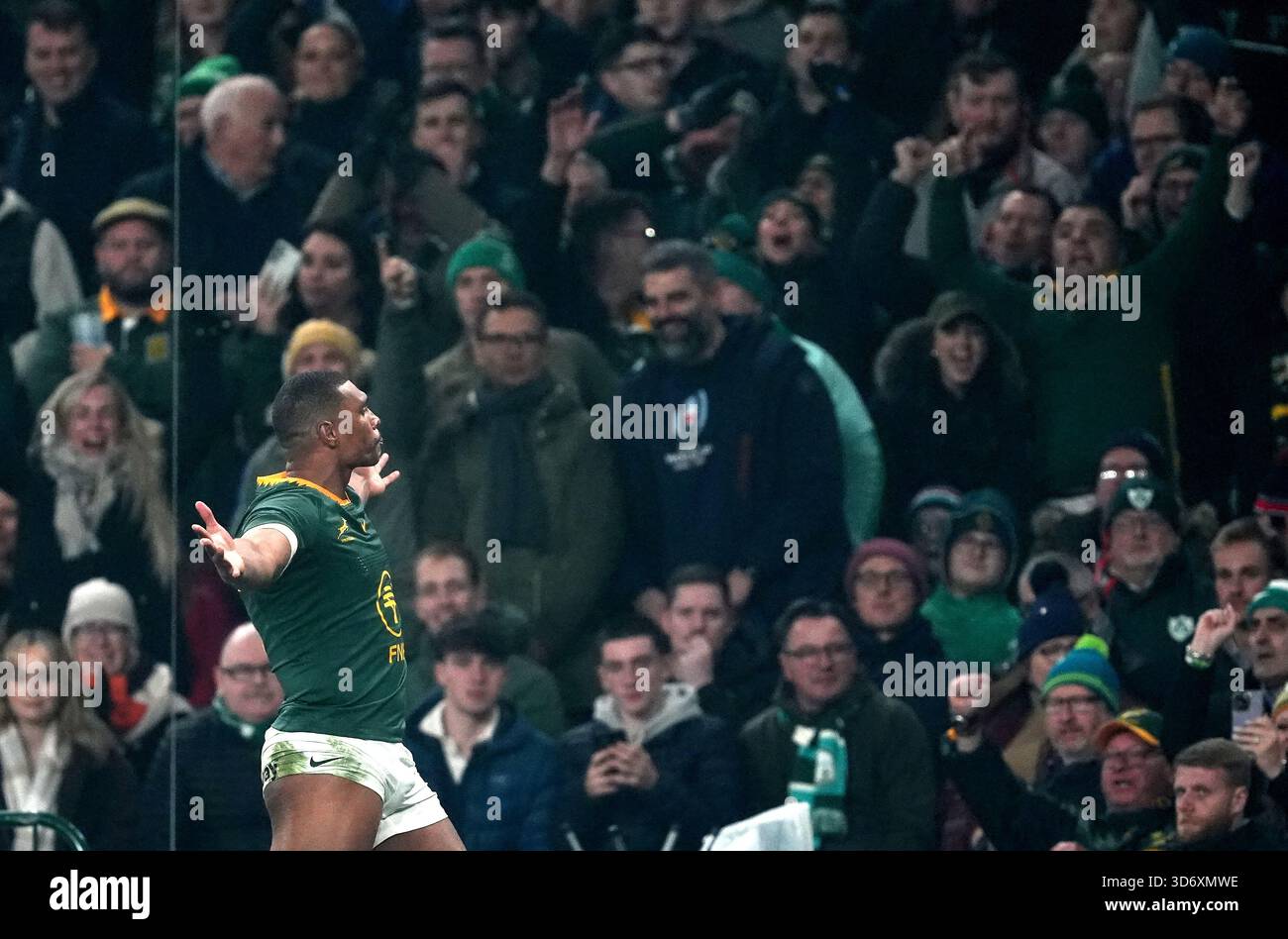 South Africa's Damian Willemse celebrates scoring their side's first ...