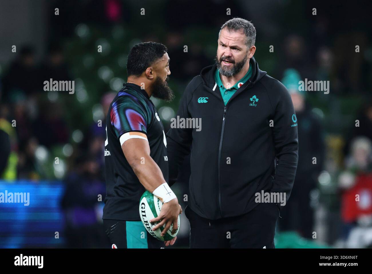 Ireland's head coach Andy Farrell, right, talks to Bundee Aki as ...