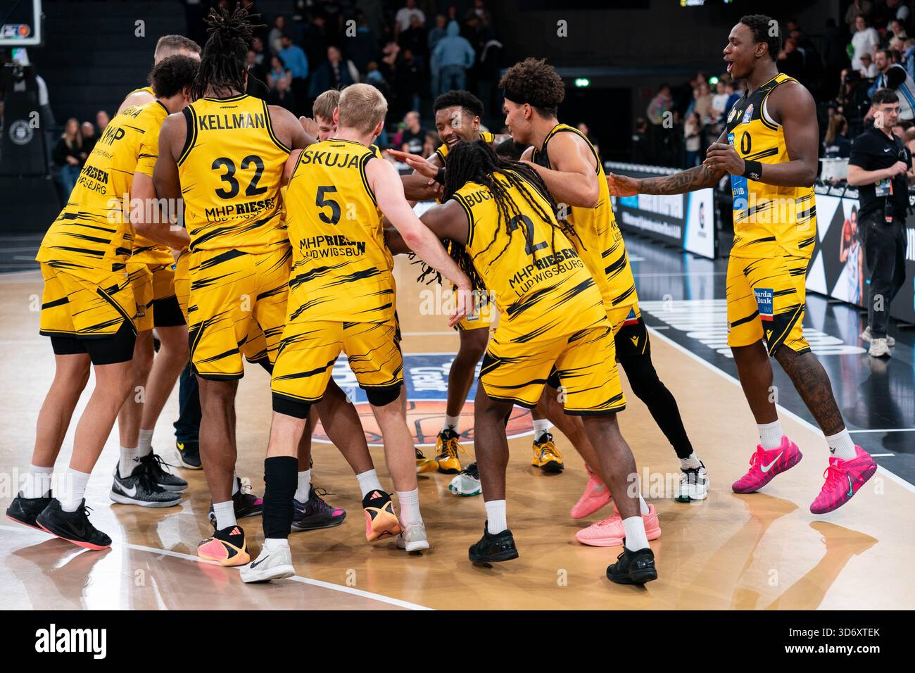 Ludwigsburg celebrates/cheers after victory/end of game, Lenny Anigbata ...