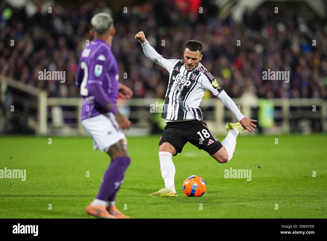Juventus' Filip Kostic goal 0-1 during the Serie A soccer match between Fiorentina and Juventus ...