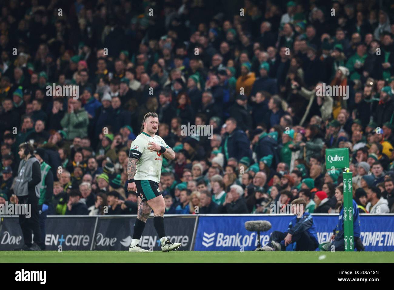 Ireland's Andrew Porter leaves the pitch after being shown a yellow card during the rugby union ...