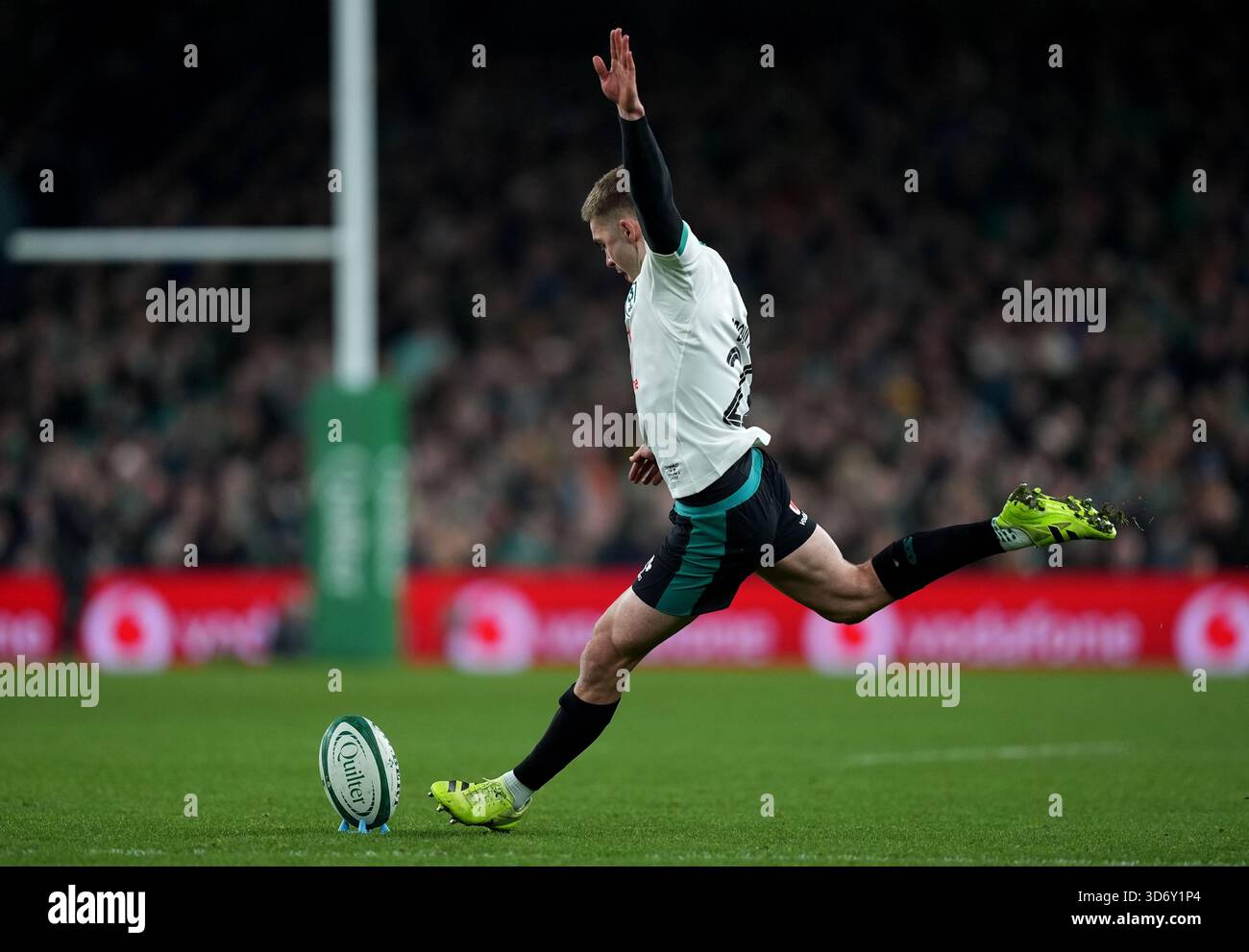 Ireland's Jack Crowley converts a try Ireland's Sam Prendergast misses ...