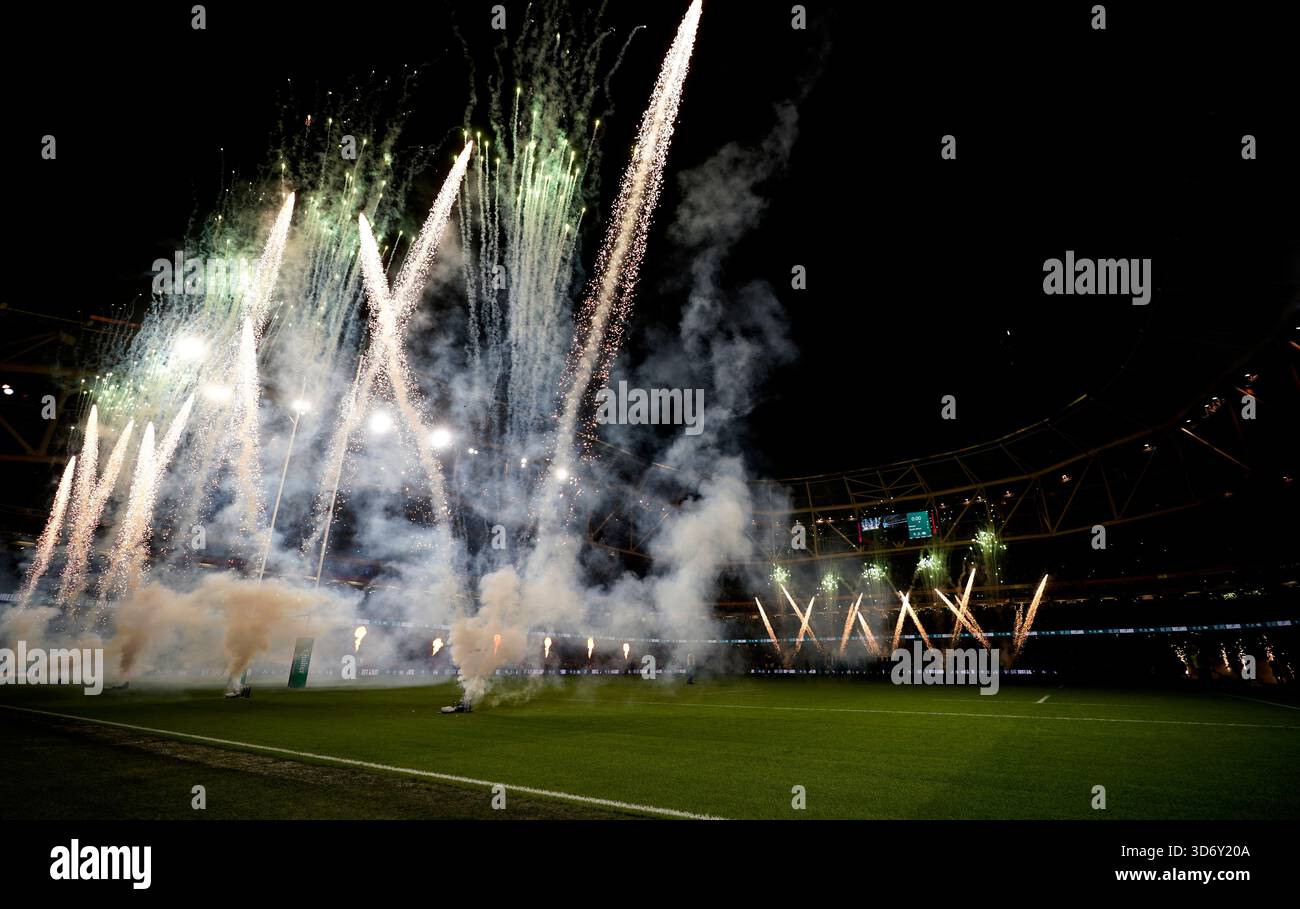 Pyrotechnics on display before the Quilter Nations Series match at the ...