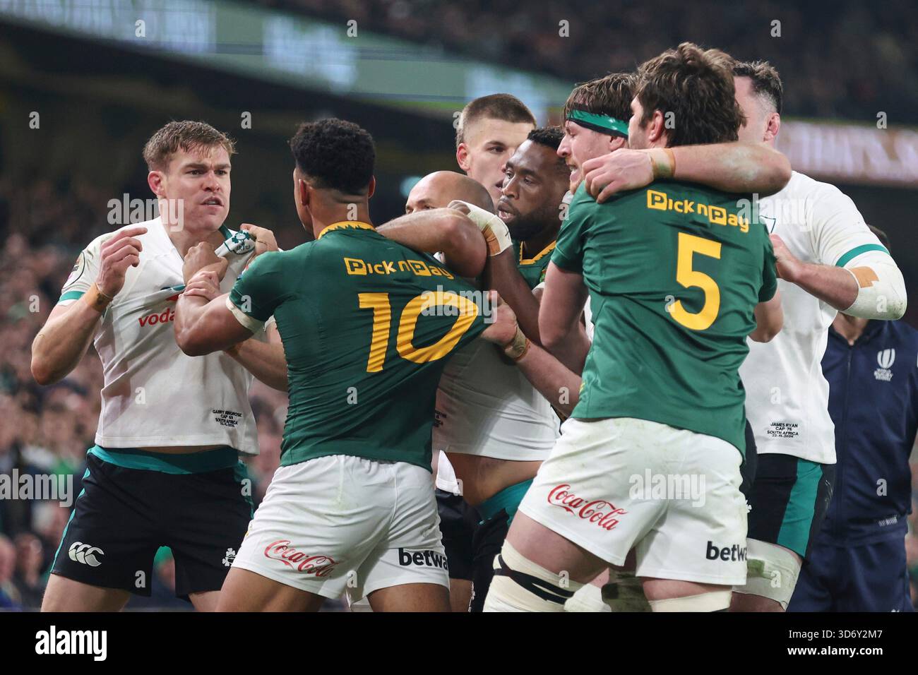 Ireland's Garry Ringrose, left, gets in a scuffle with South Africa's ...