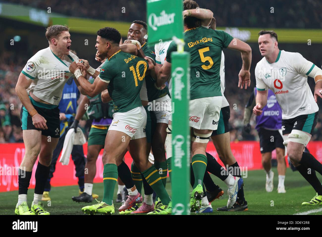 Ireland's Garry Ringrose, left, gets in a scuffle with South Africa's ...