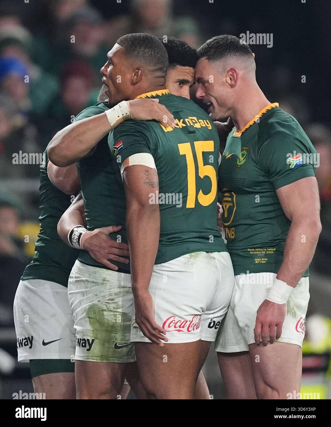 South Africa's Sacha Mngomezulu (centre) celebrates scoring a try ...