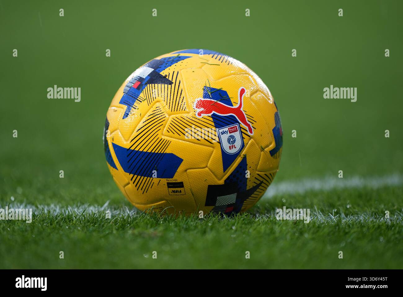A close up of the branding on an official Sky Bet EFL match ball during ...