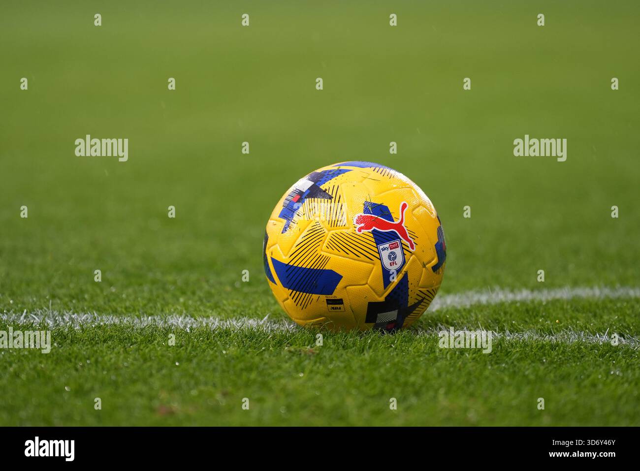 A close up of the branding on an official Sky Bet EFL match ball during ...
