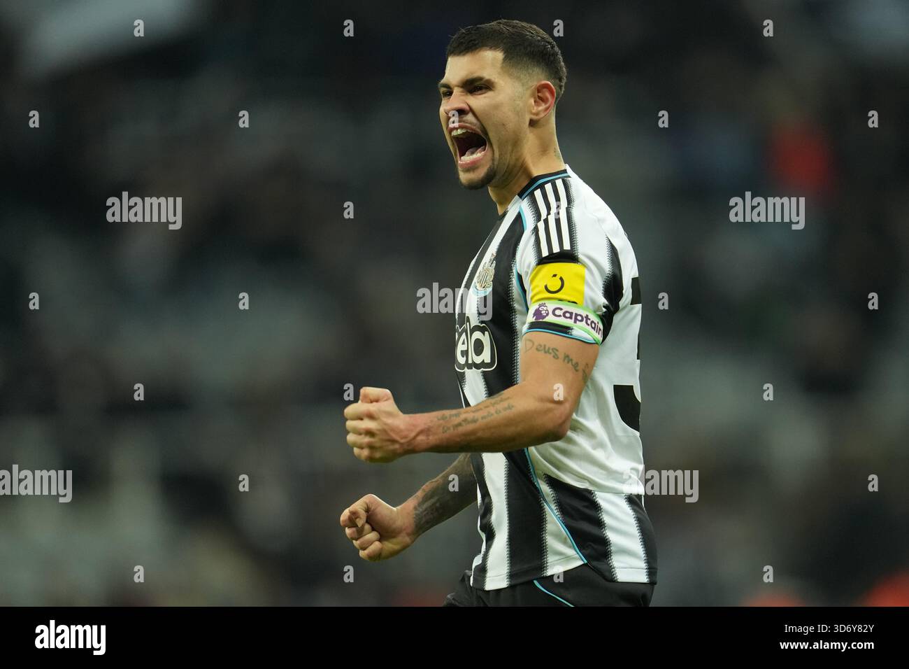 Newcastle's Bruno Guimaraes reacts after a Premier League soccer match ...
