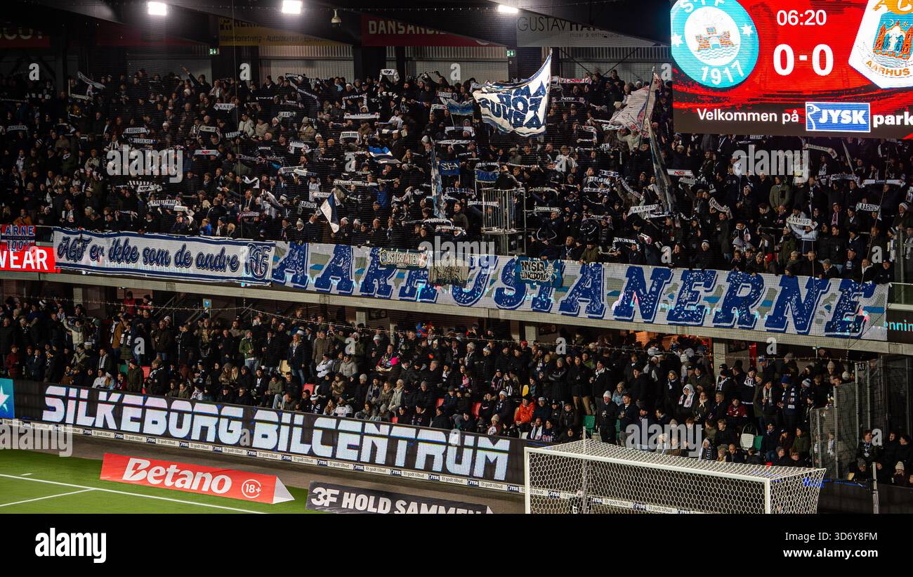 Silkeborg, Denmark. 21st, November 2025. Football fans of AGF seen on ...