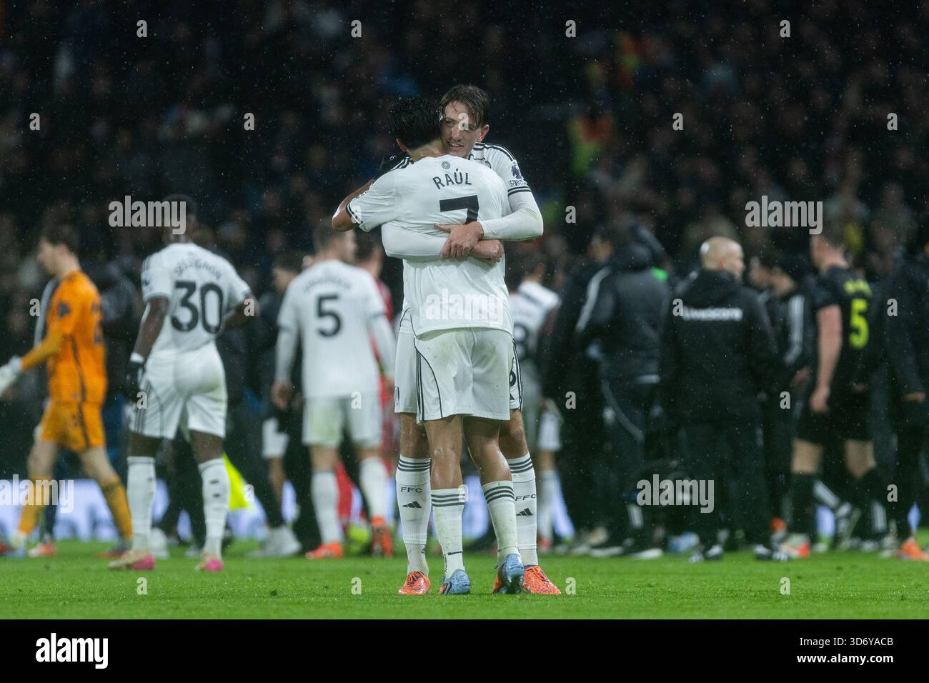 Sander Berge of Fulham celebrates the win with goal scorer Raul Jimenez ...
