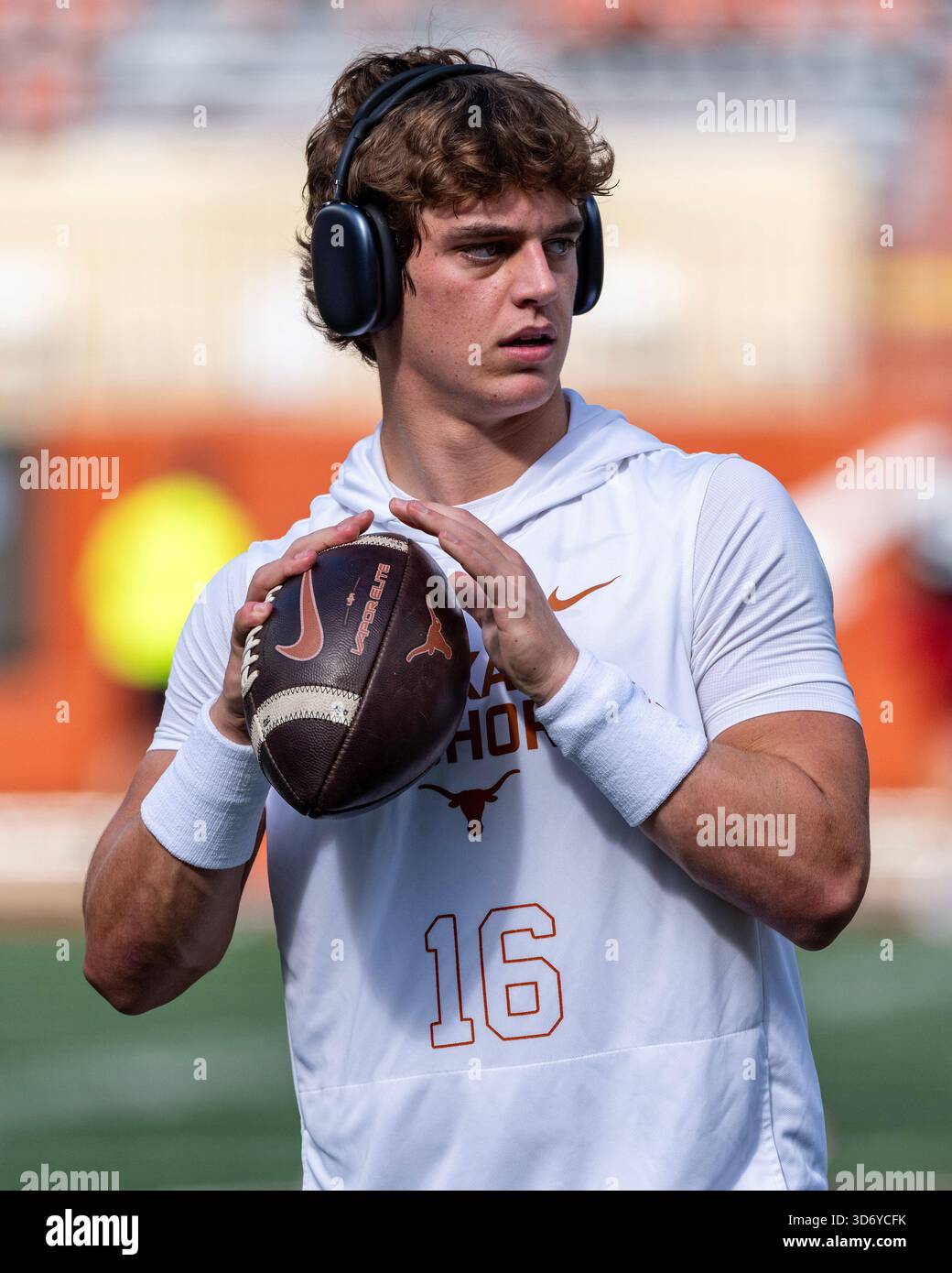Nov 22, 2025. Arch Manning (16) of the Texas Longhorns warms up before ...