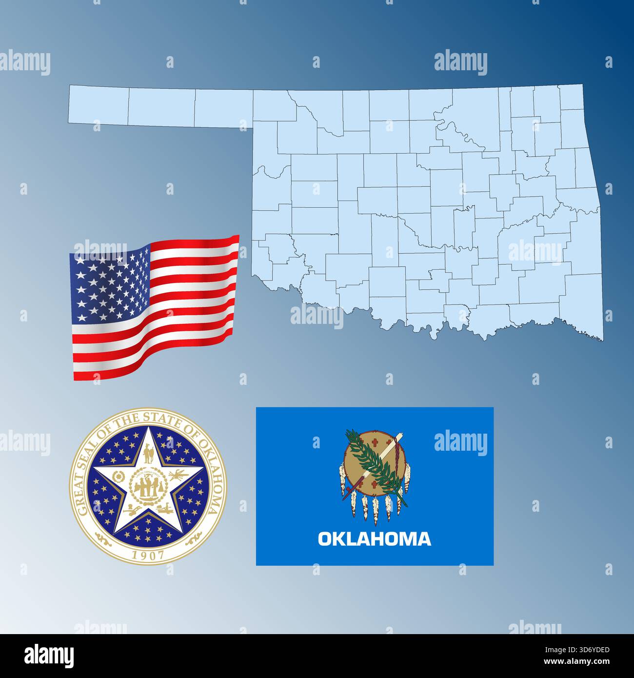 Oklahoma US federal state waving flag, seal and map, United States ...