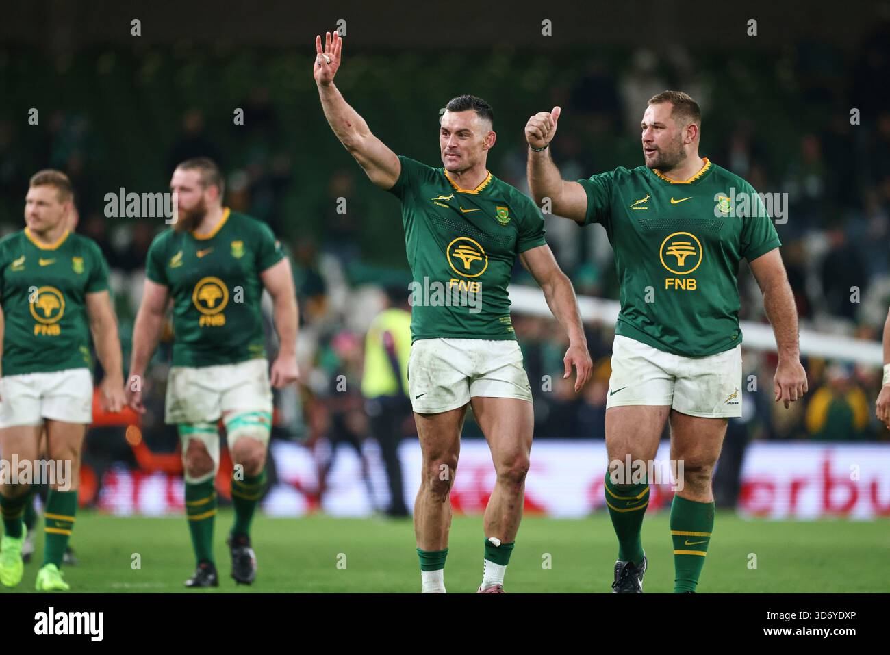 South Africa's Jesse Kriel, center, with teammates waves to supporters ...