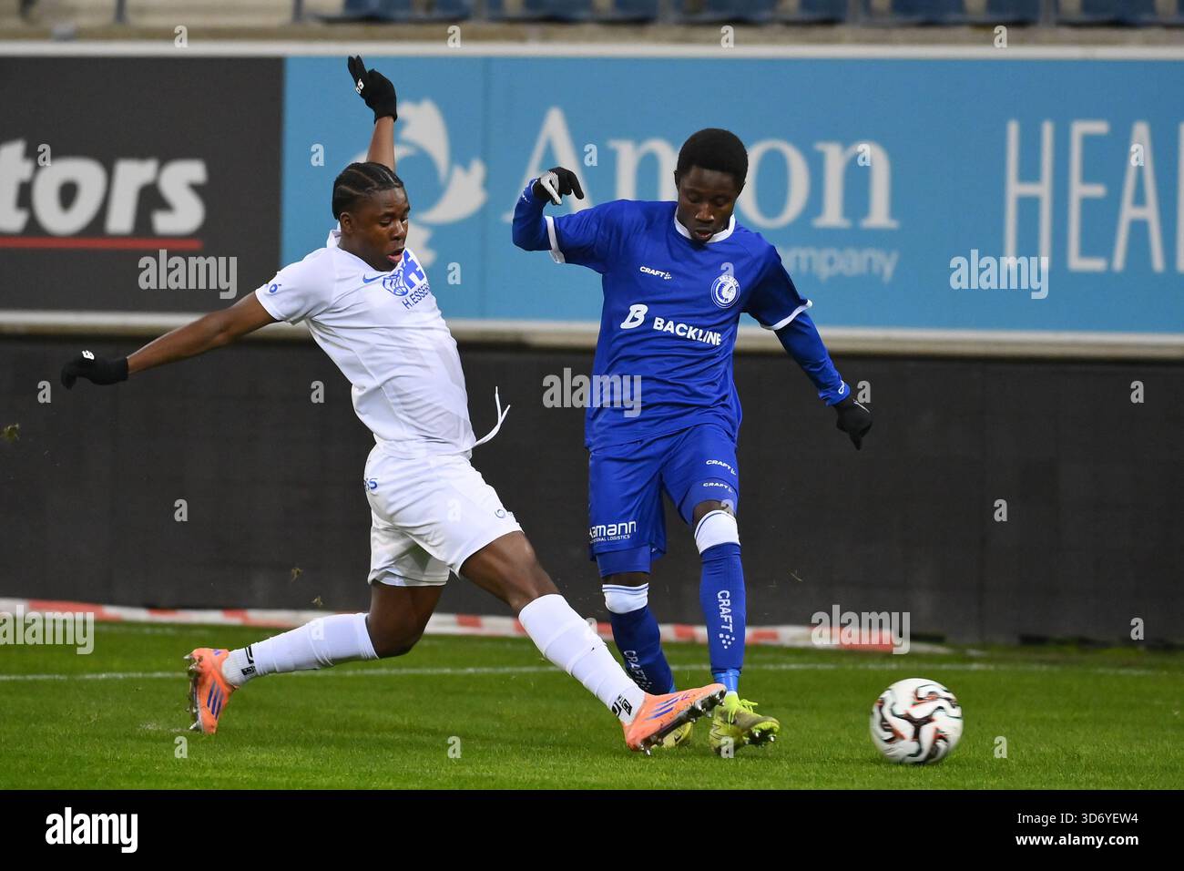 Gent, Belgium. 22nd Nov, 2025. Jong Genk's Christian Akpan and Jong ...