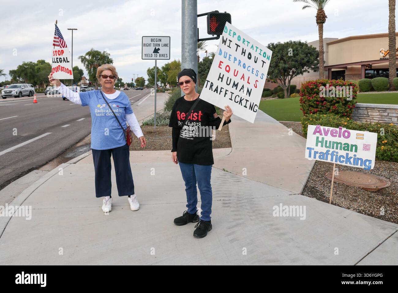 People gathered to protest Avelo Airlines on Power and East Ray Road ...